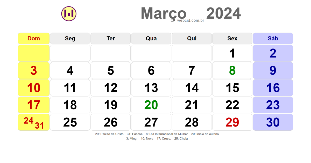 Calendário 2024 com feriados nacionais fases da lua e datas ...