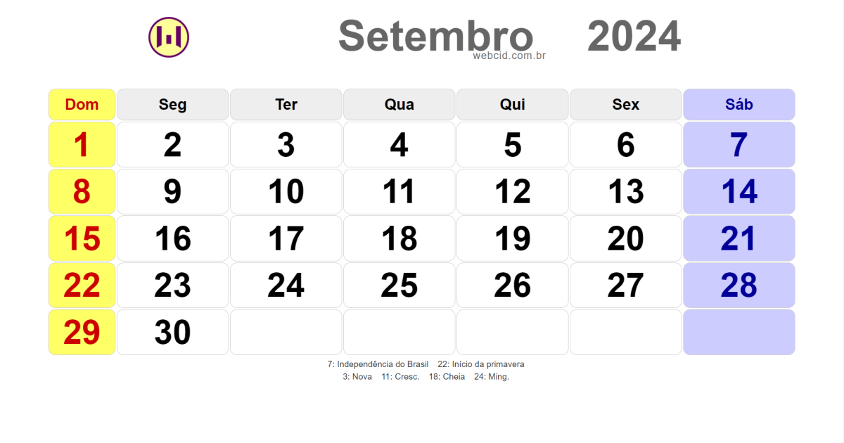 Calendário de setembro de 2024 com feriados nacionais fases da lua e ...